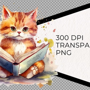 12 Watercolor Cute Kitten Reading Book Clipart, Transparent PNG for ...