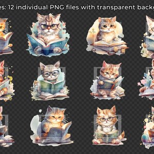 12 Watercolor Cute Kitten Reading Book Clipart, Transparent PNG for ...