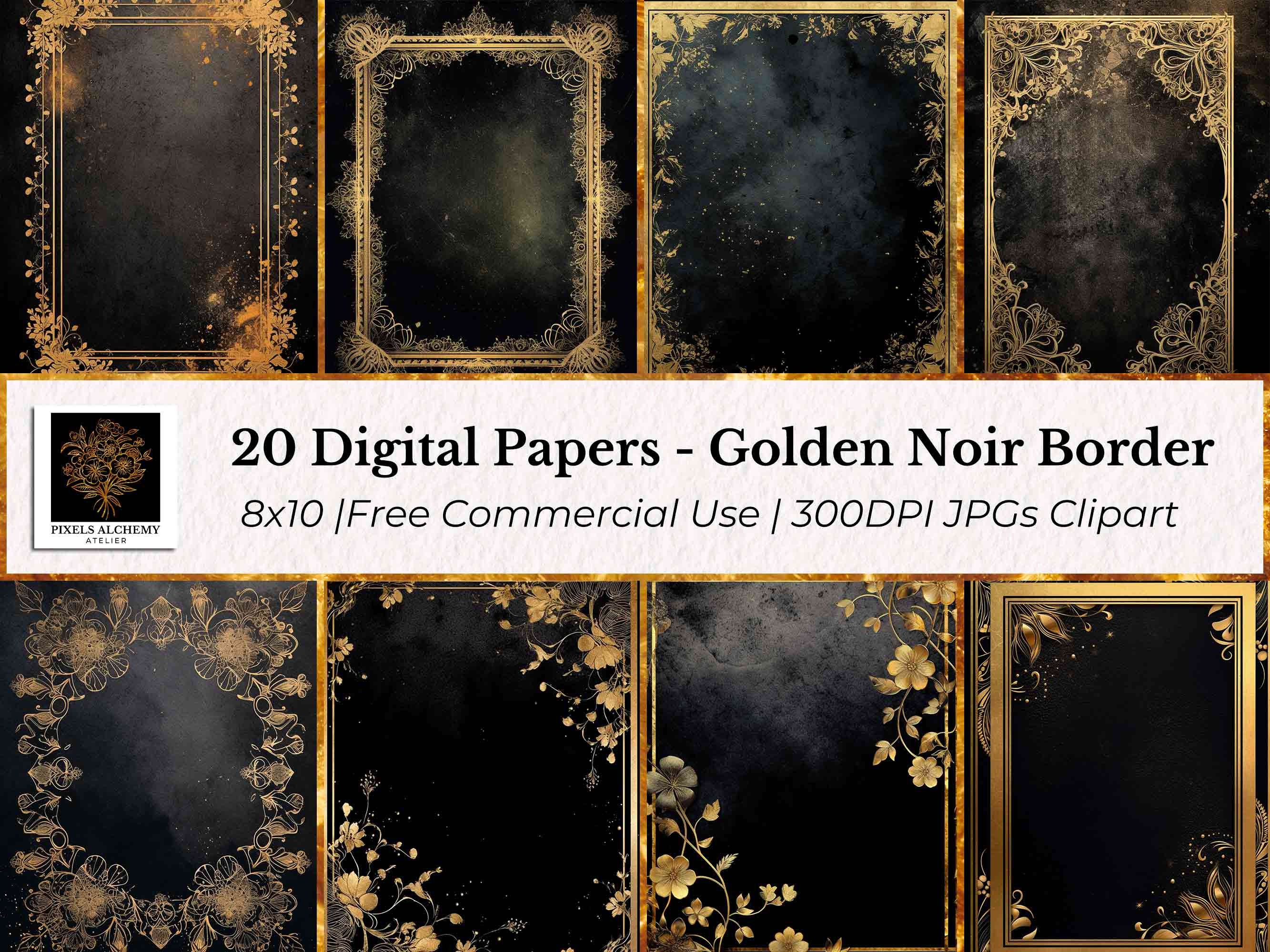 20 Golden Noir Border Frame Digital Papers, Printable Paper Jpgs, FREE ...