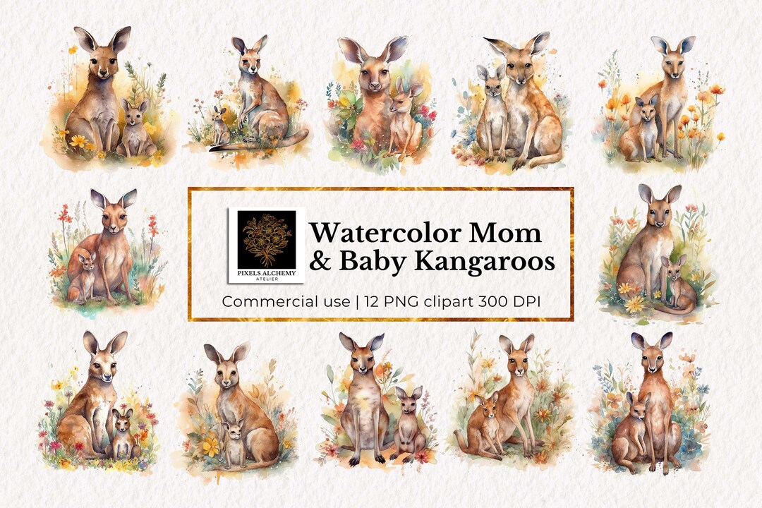 12 Watercolor Cute Mother's Day Mom&baby Kangaroos Clipart, Transparent ...
