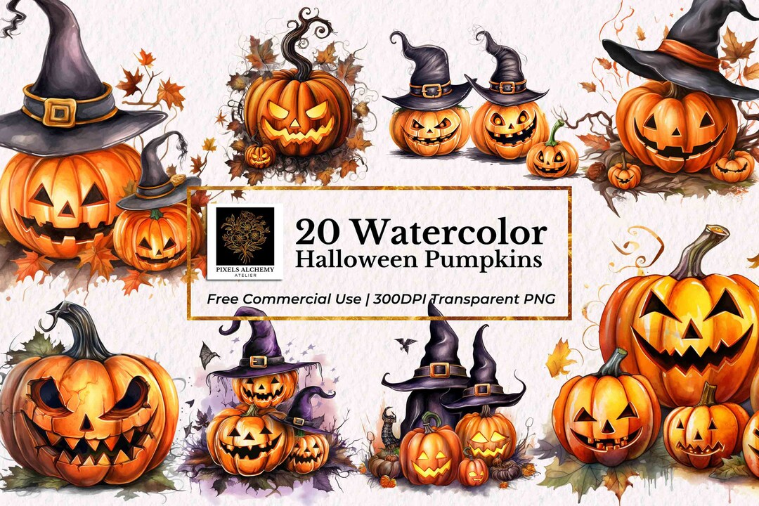 20 Halloween Pumpkins Watercolor Clipart, Transparent PNG, FREE ...