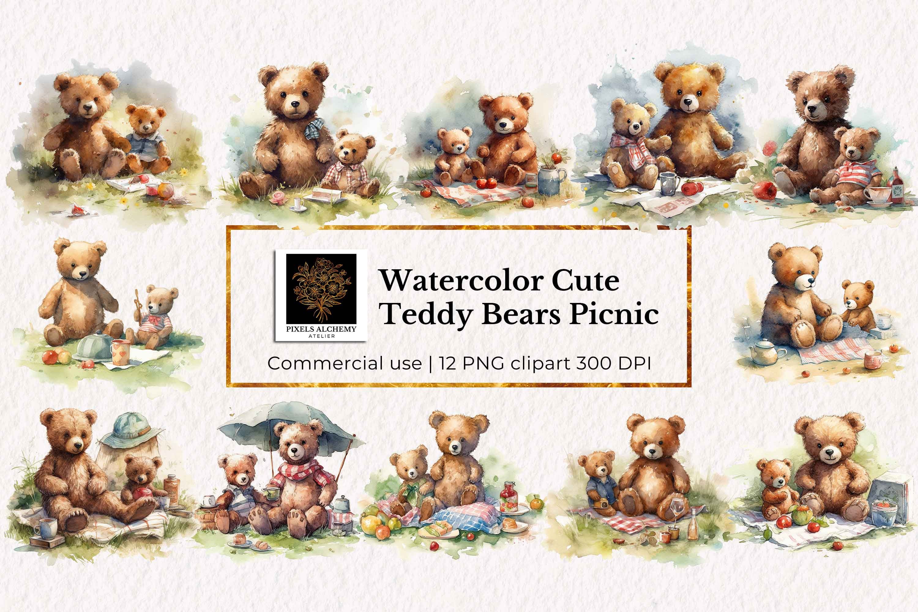 12 Watercolor Cute Teddy Bear Mom&baby Picnic Clipart, Transparent PNG ...