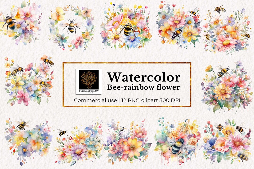 12 Watercolor Bees - Rainbow Floral Clipart, 12 Transparent PNG for ...