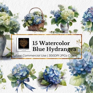 15 Blue Hydrangea Bundle Jpgs, Watercolor Clipart, on White Background ...