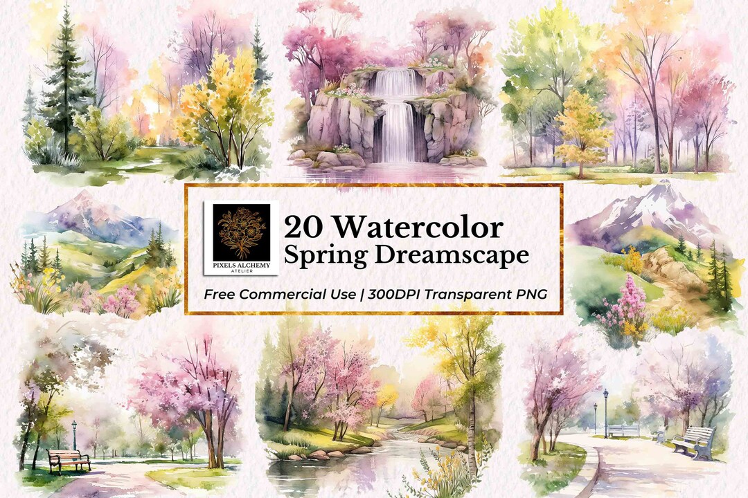 20 Spring Dreamscape Watercolor Clipart, Transparent PNG, FREE ...
