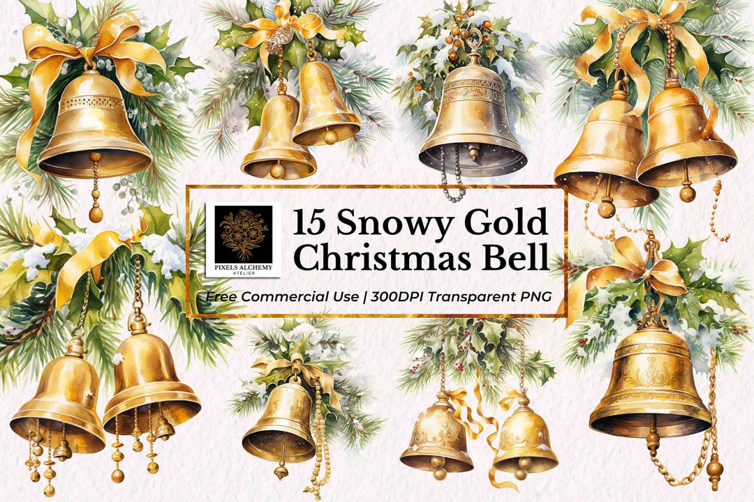 15 Snowy Gold Christmas Bell Watercolor Clipart Set, Pngs, FREE ...