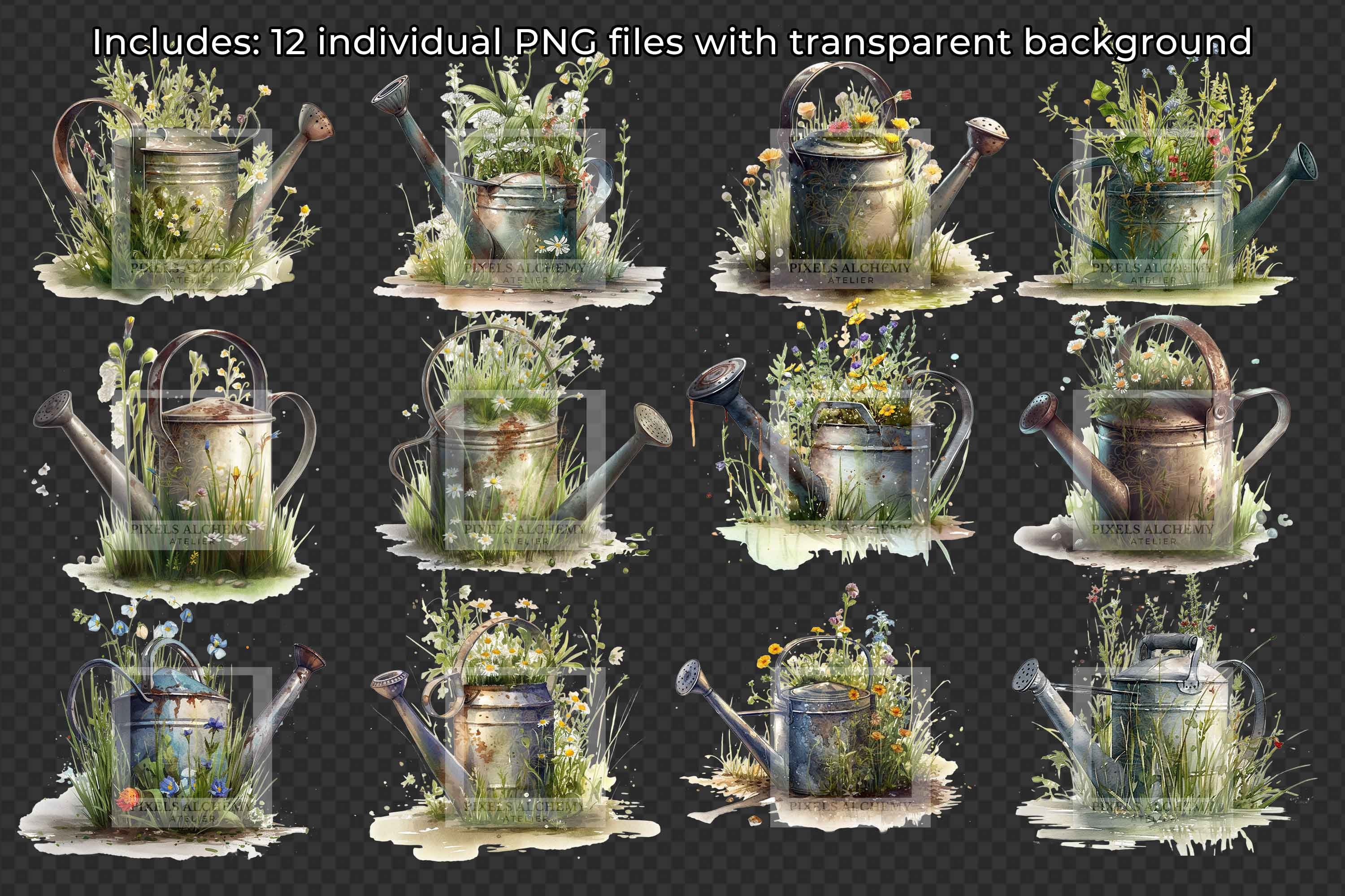 12 Watercolor Rusted Watering and Green Wildflowers Clipart ...