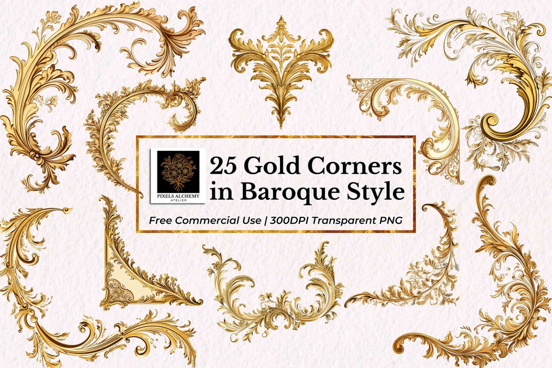 25 Book Gold Corners in Baroque Style Watercolor Clipart Set, Pngs ...