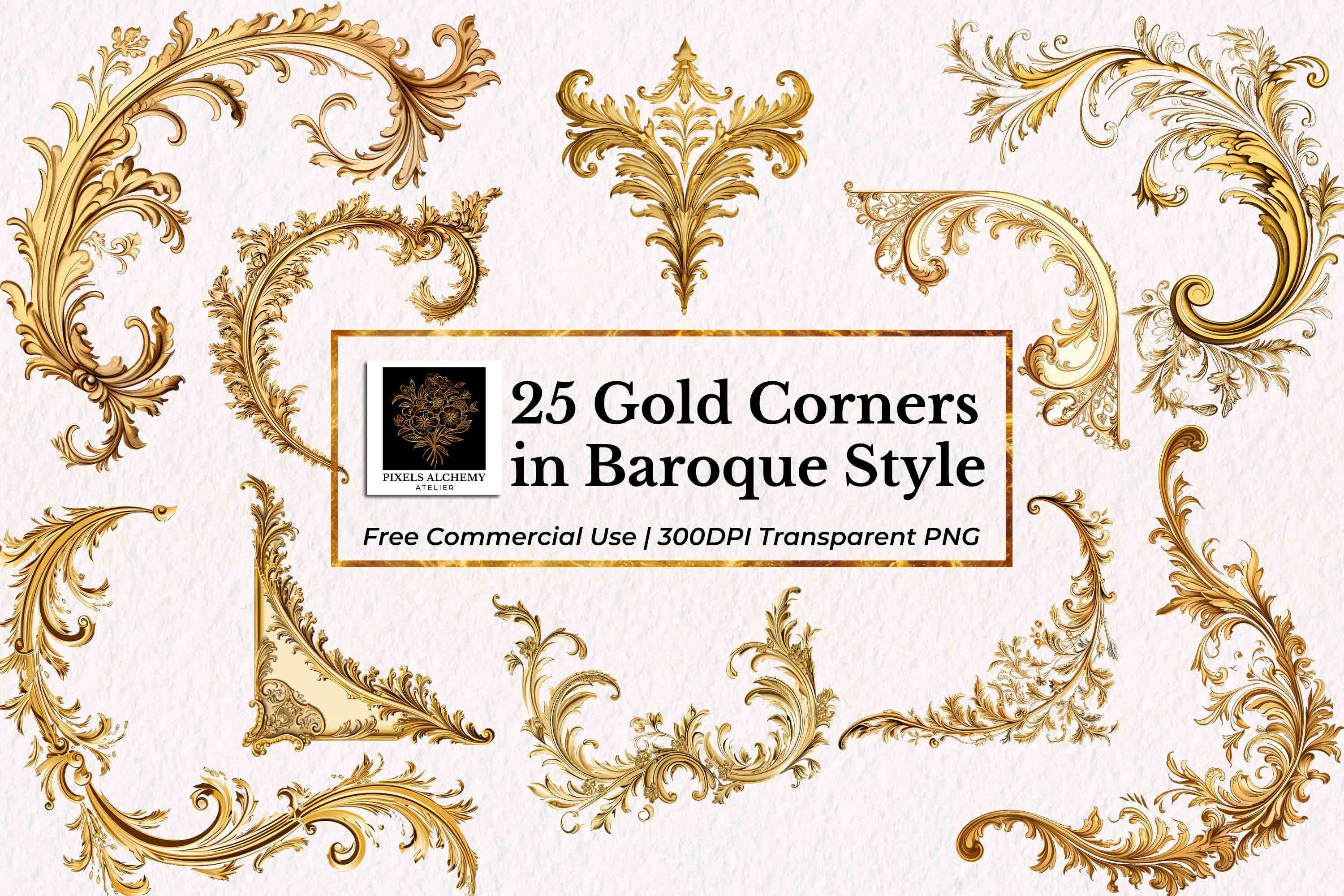 25 Book Gold Corners in Baroque Style Watercolor Clipart Set, Pngs ...