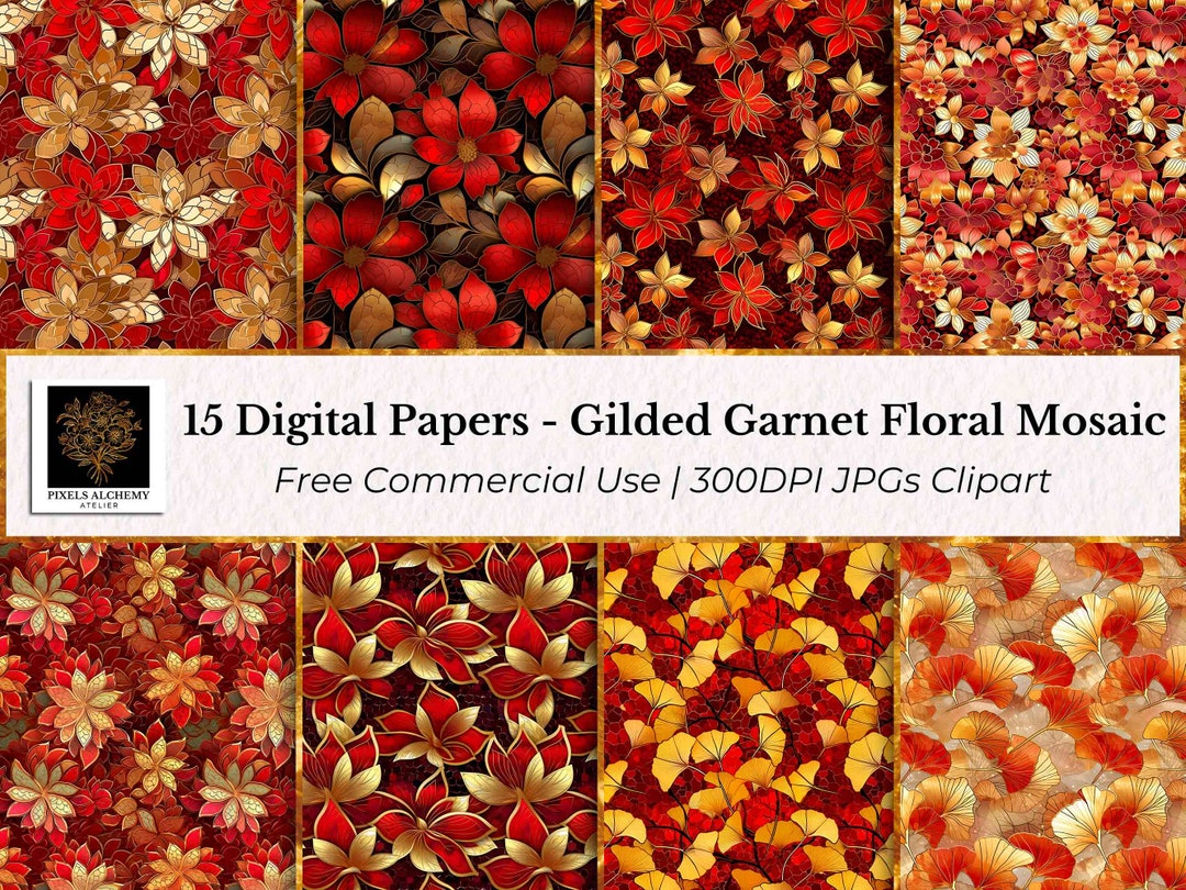 15 Gilded Garnet Floral Mosaic Digital Papers, Seamless Floral Pattern ...