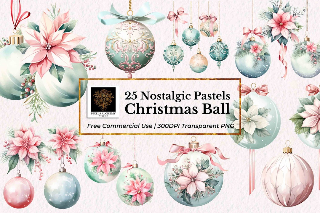 25 Nostalgic Pastels Christmas Ball Watercolor Clipart, PNG, FREE ...