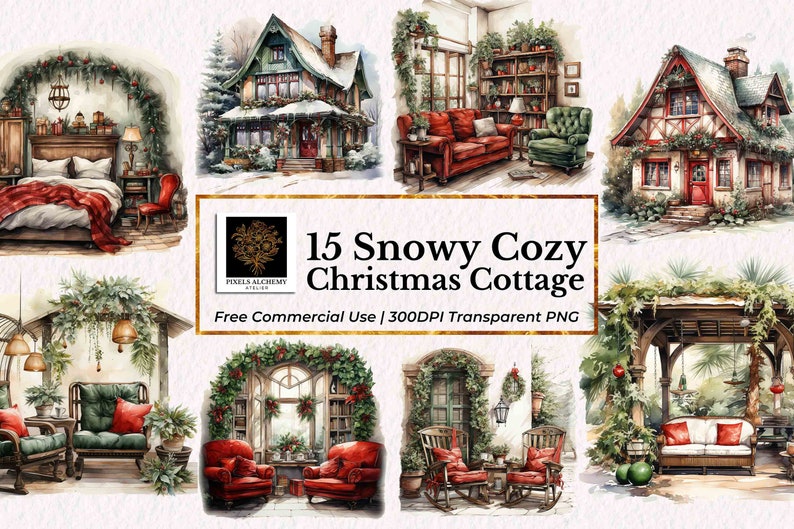 15 Snowy Cozy Christmas Cottage Watercolor Clipart Set, Pngs, FREE ...