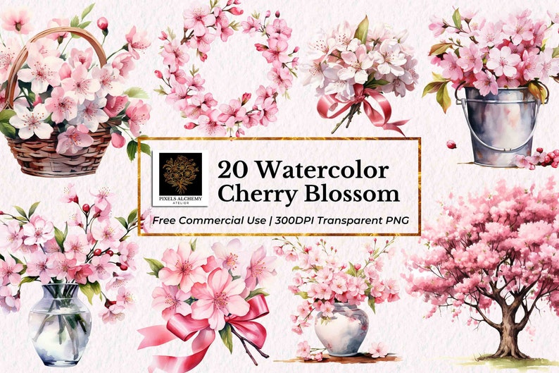 20 Cherry Blossom Watercolor Clipart, Transparent PNG, FREE Commercial ...