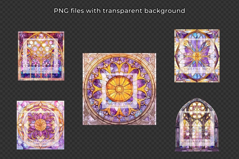 25 Stained Glass Windows - Amethyst Fantasy Clipart, Transparent PNG, Planners, Cards, Junk ...