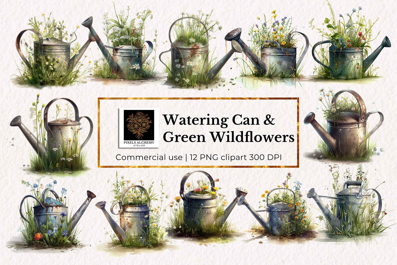 12 Watercolor Rusted Watering and Green Wildflowers Clipart ...