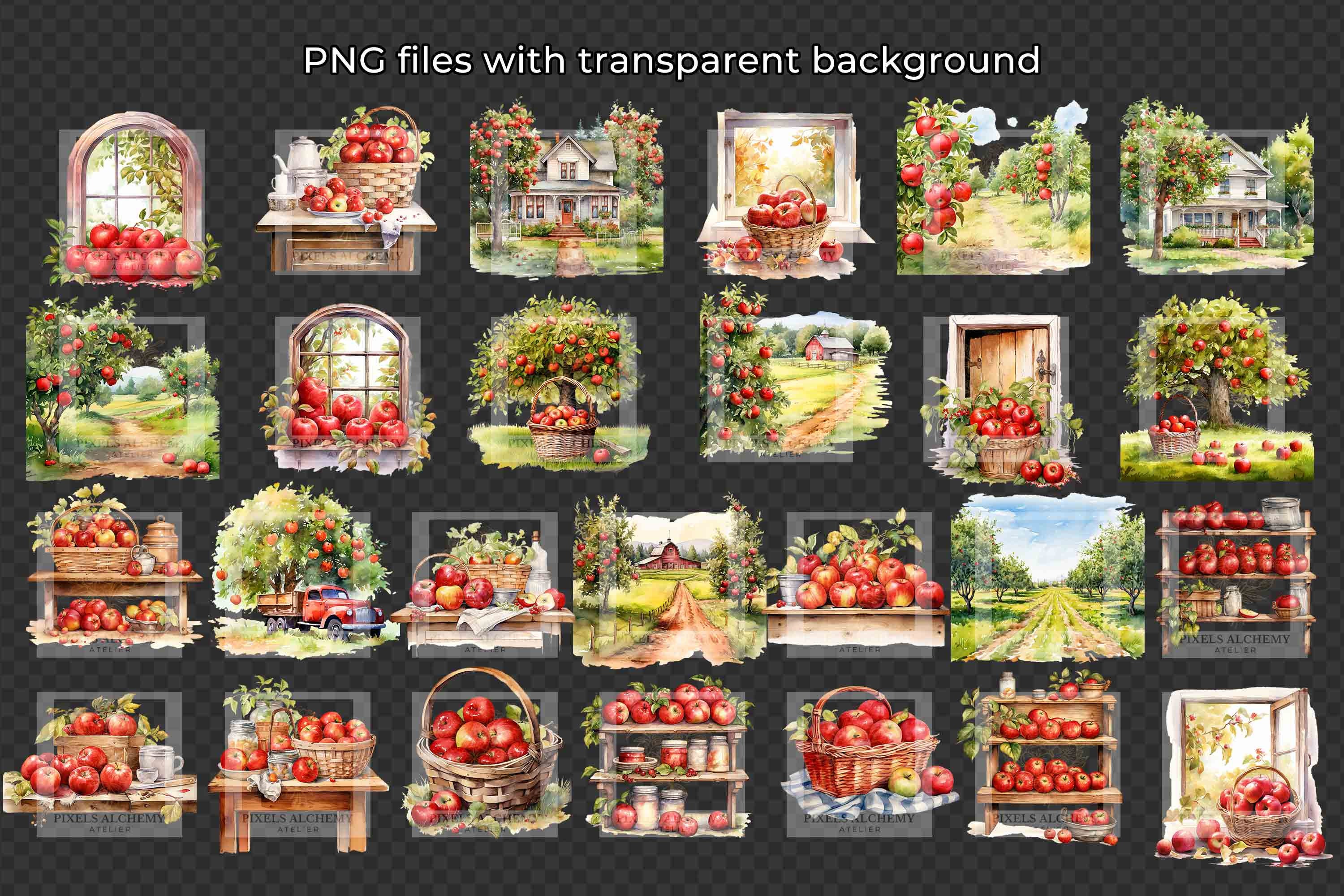 26 Apple Orchard Bundle Watercolor Clipart, Transparent PNG, FREE ...