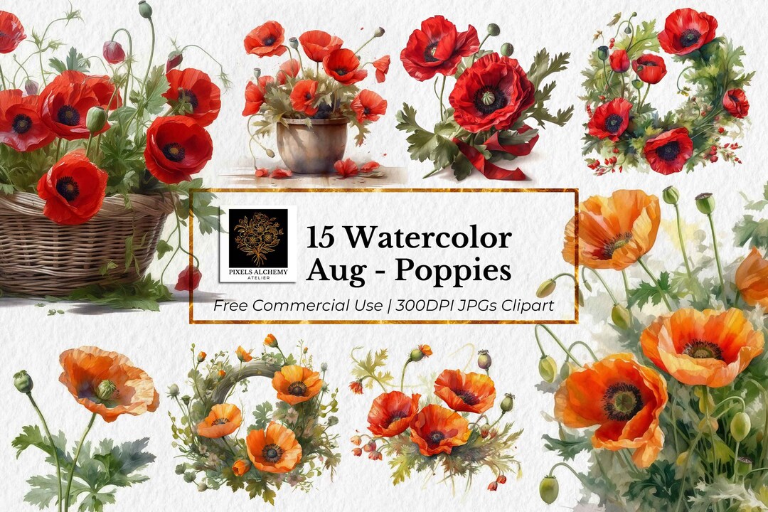 15 August - Poppies Birth Flower Jpgs, Watercolor Clipart, White ...