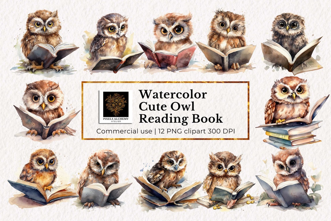 12 Watercolor Cute Baby Owl Reading Book Clipart, Transparent PNG for ...