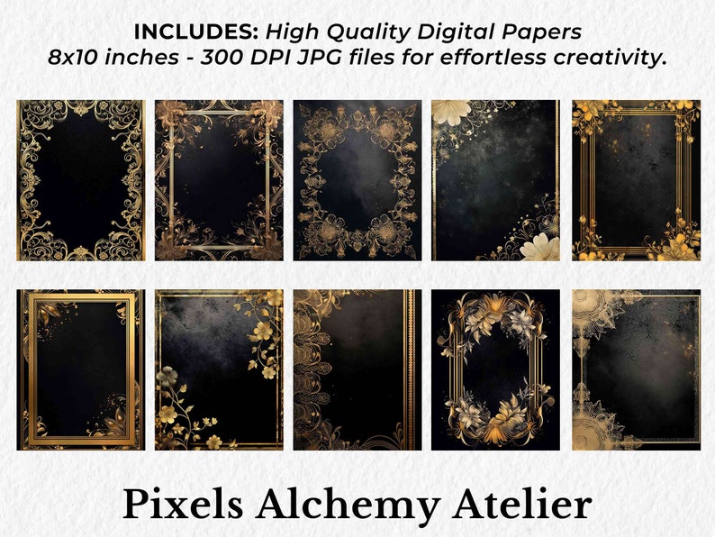 20 Golden Noir Border Frame Digital Papers, Printable Paper Jpgs, FREE ...