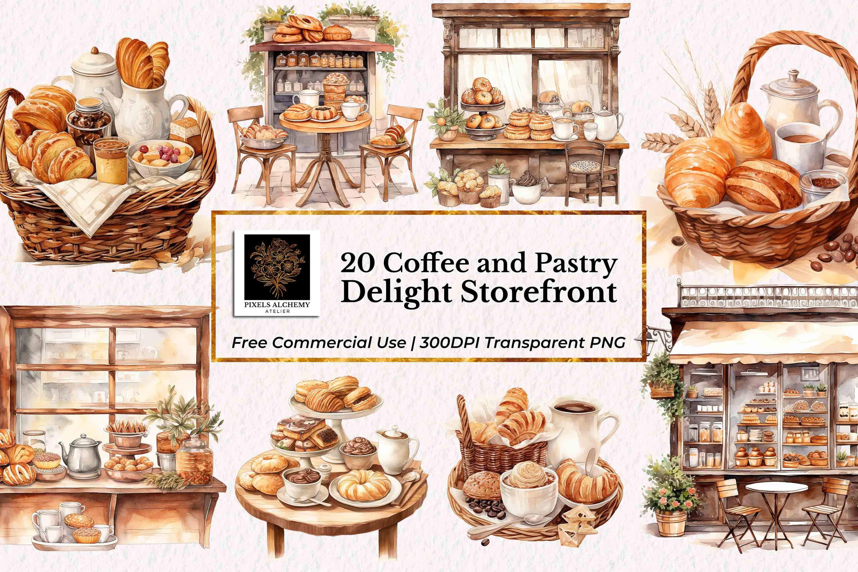 20 Coffee and Pastry Delight Storefront Watercolor Clipart, Pngs ...