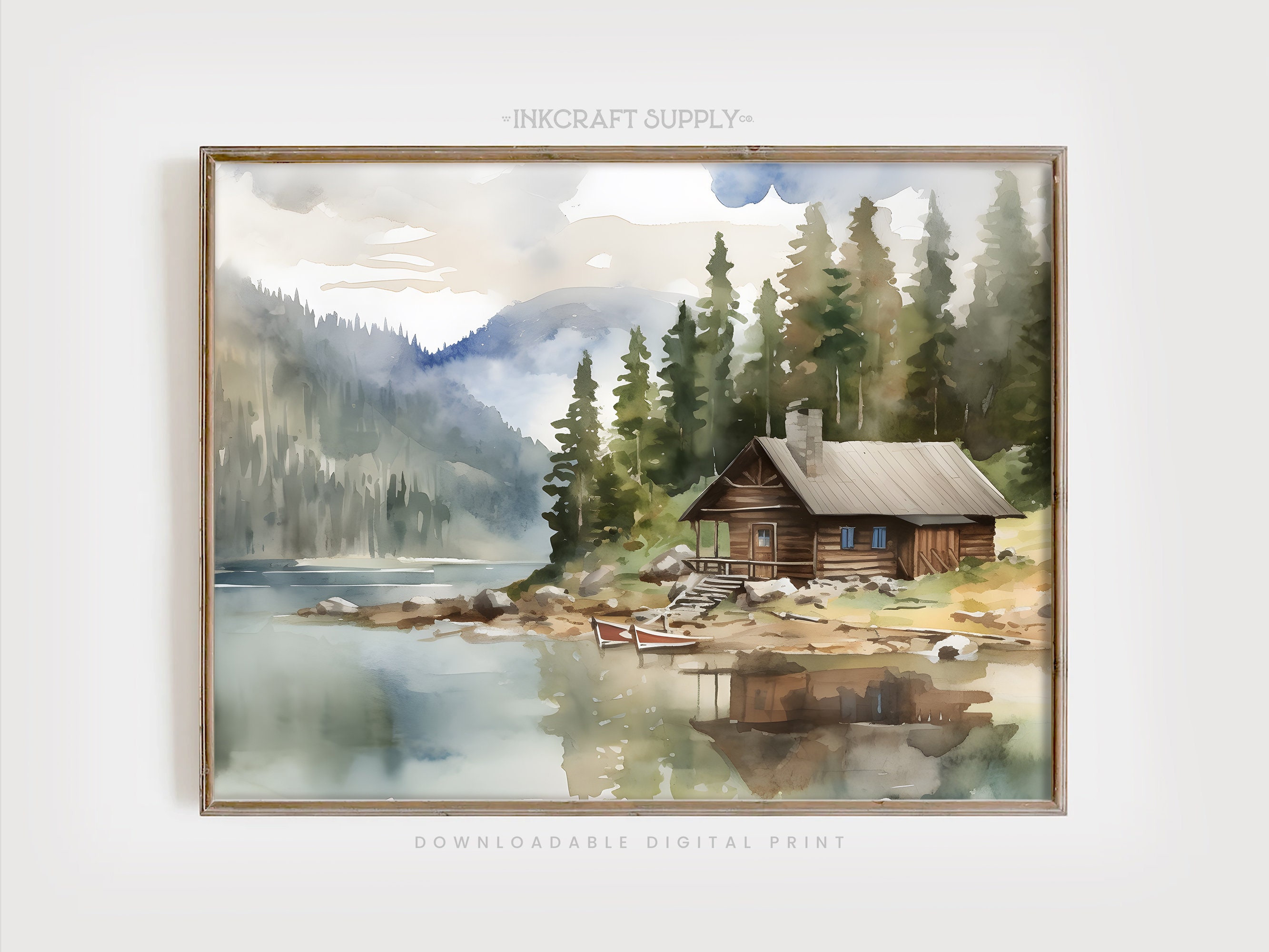 Rustic Lake-side Log Cabin Painting Country Landscape Wall Art | Vintage Watercolour Wall Art ...