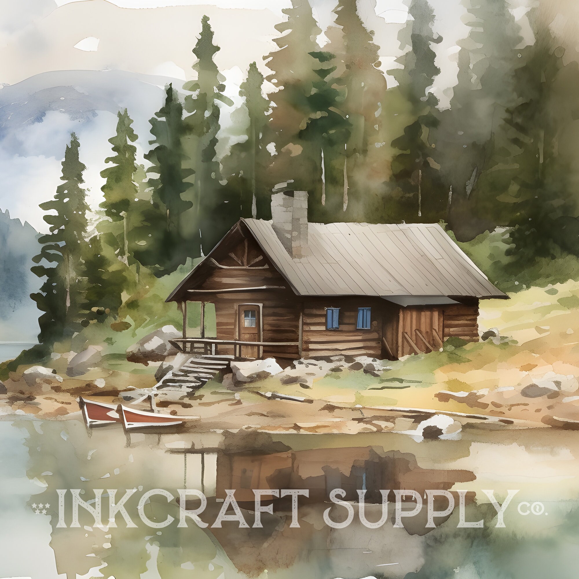 Rustic Lake-side Log Cabin Painting Country Landscape Wall Art | Vintage Watercolour Wall Art ...