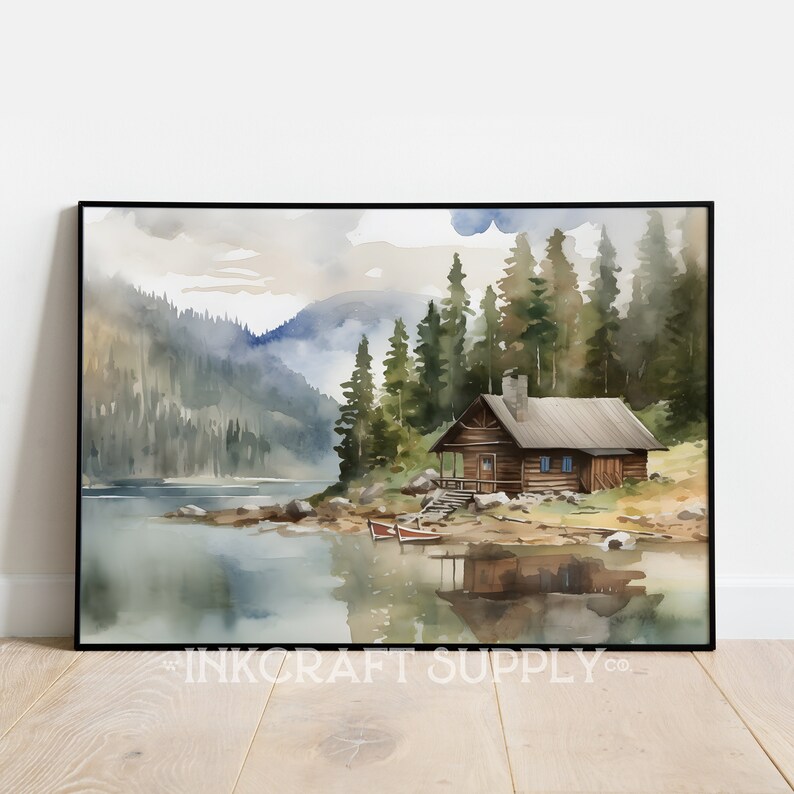 Rustic Lake-side Log Cabin Painting Country Landscape Wall Art - Etsy