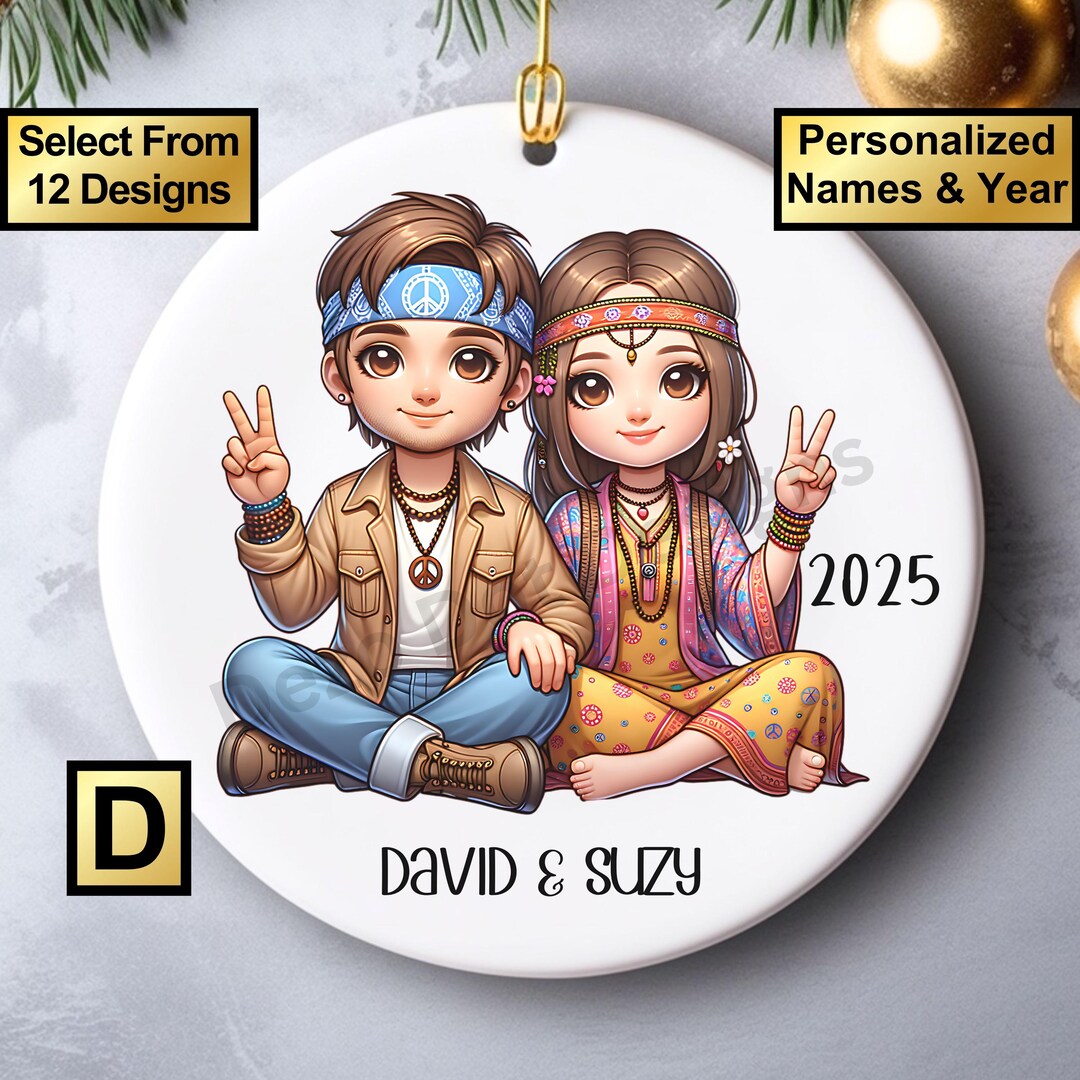 Personalized Ceramic Hippie Couple Holiday Ornament Gift, Customizable ...