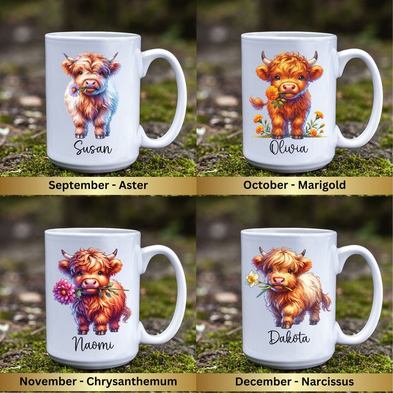 Personalized 15oz Cute Highland Cow and Birth Month Flower Ceramic Mug ...