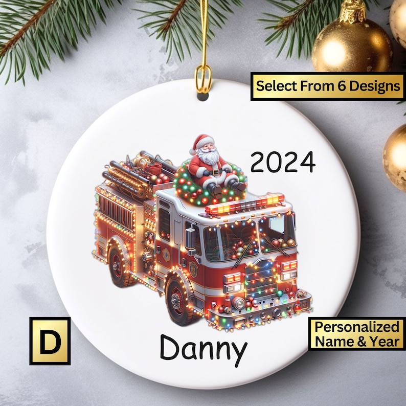 Personalized Fire Truck Ceramic Christmas Ornament Gift, Customizable ...