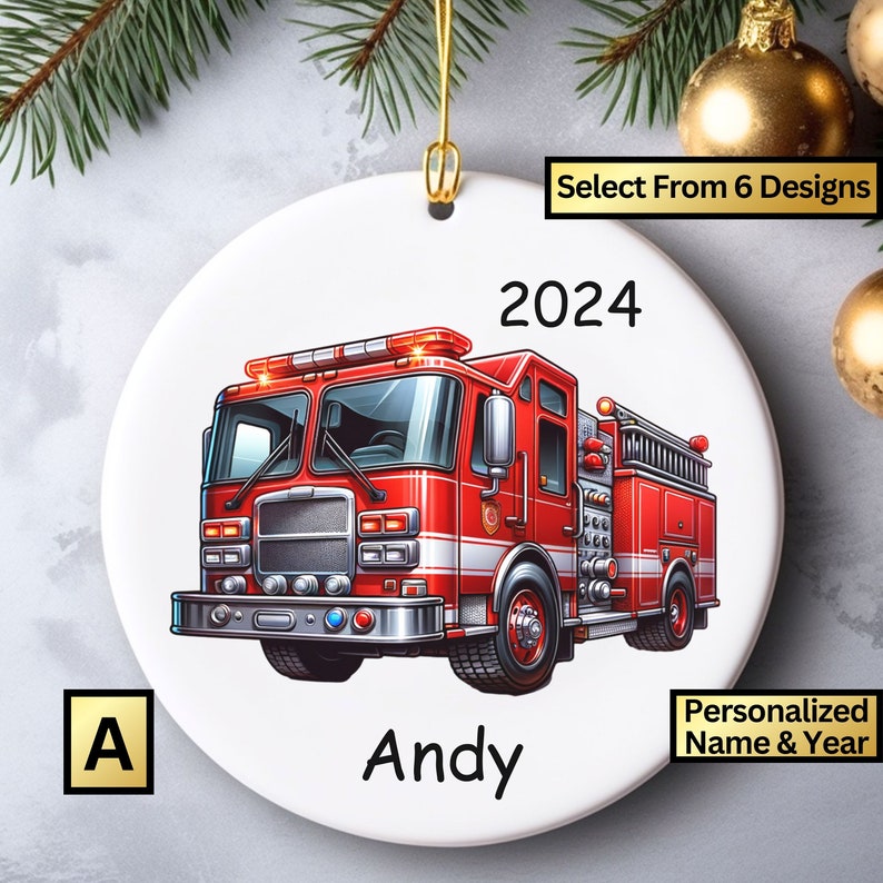 Personalized Fire Truck Ceramic Christmas Ornament Gift, Customizable ...