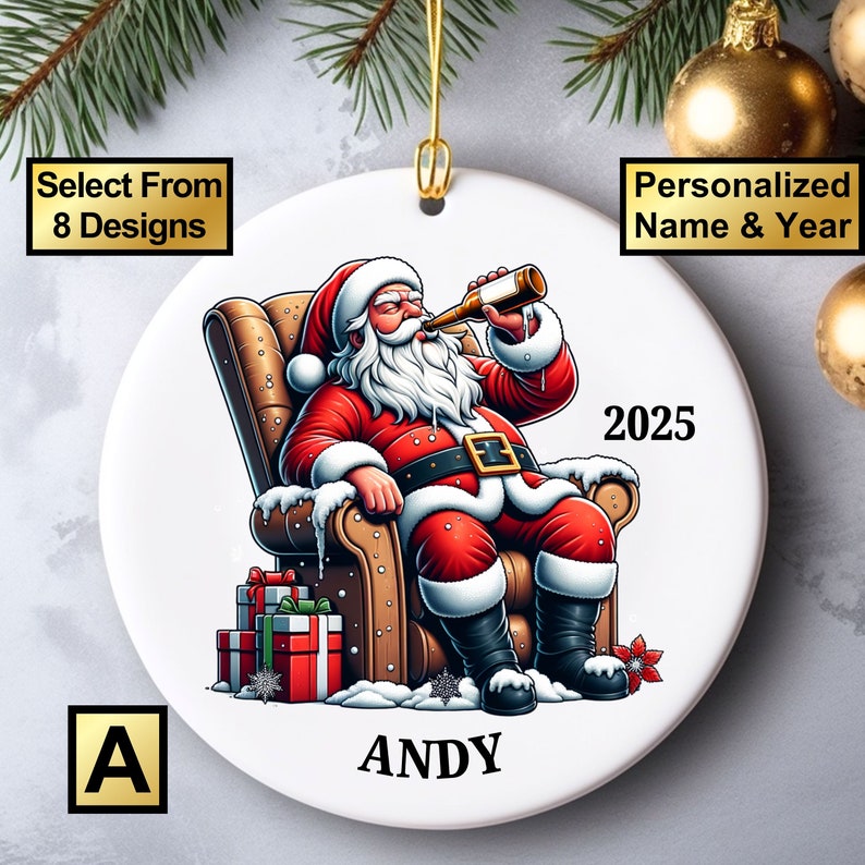 Personalized Funny Drunk Santa Enjoying A Beer Ceramic Christmas ...