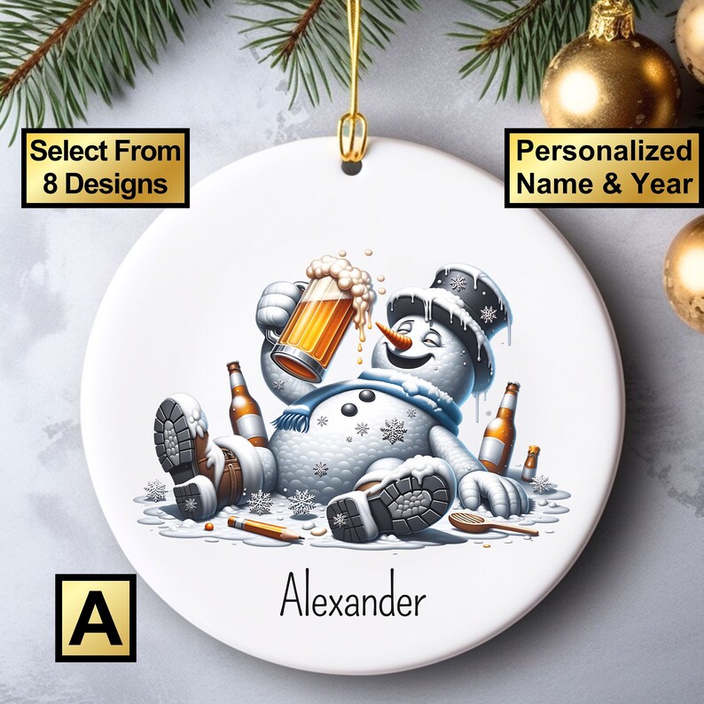 Personalized Funny Drunk Snowman Enjoying A Mug of Beer Ceramic ...