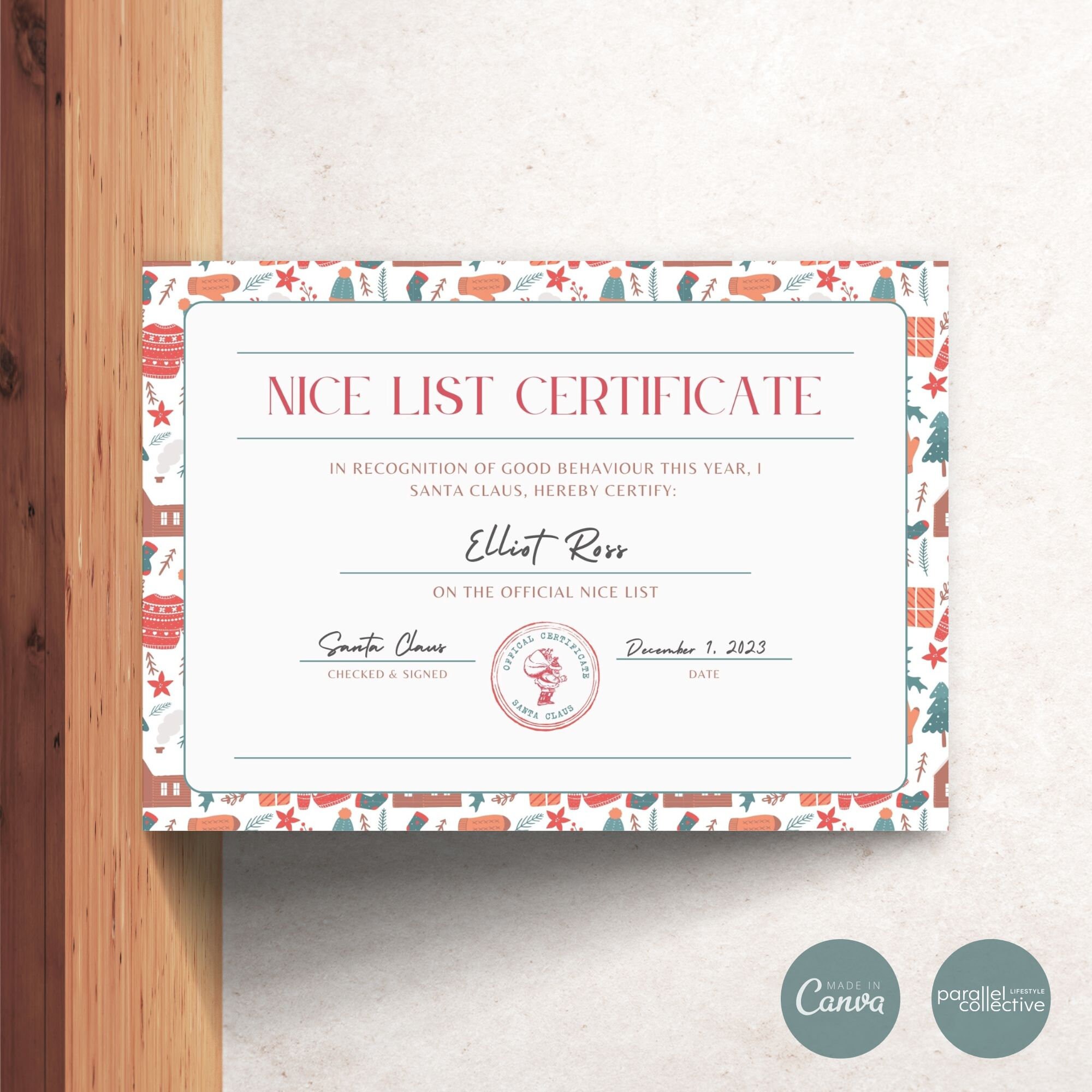 EDITABLE Nice List Certificate Printable Santas Nice List - Etsy