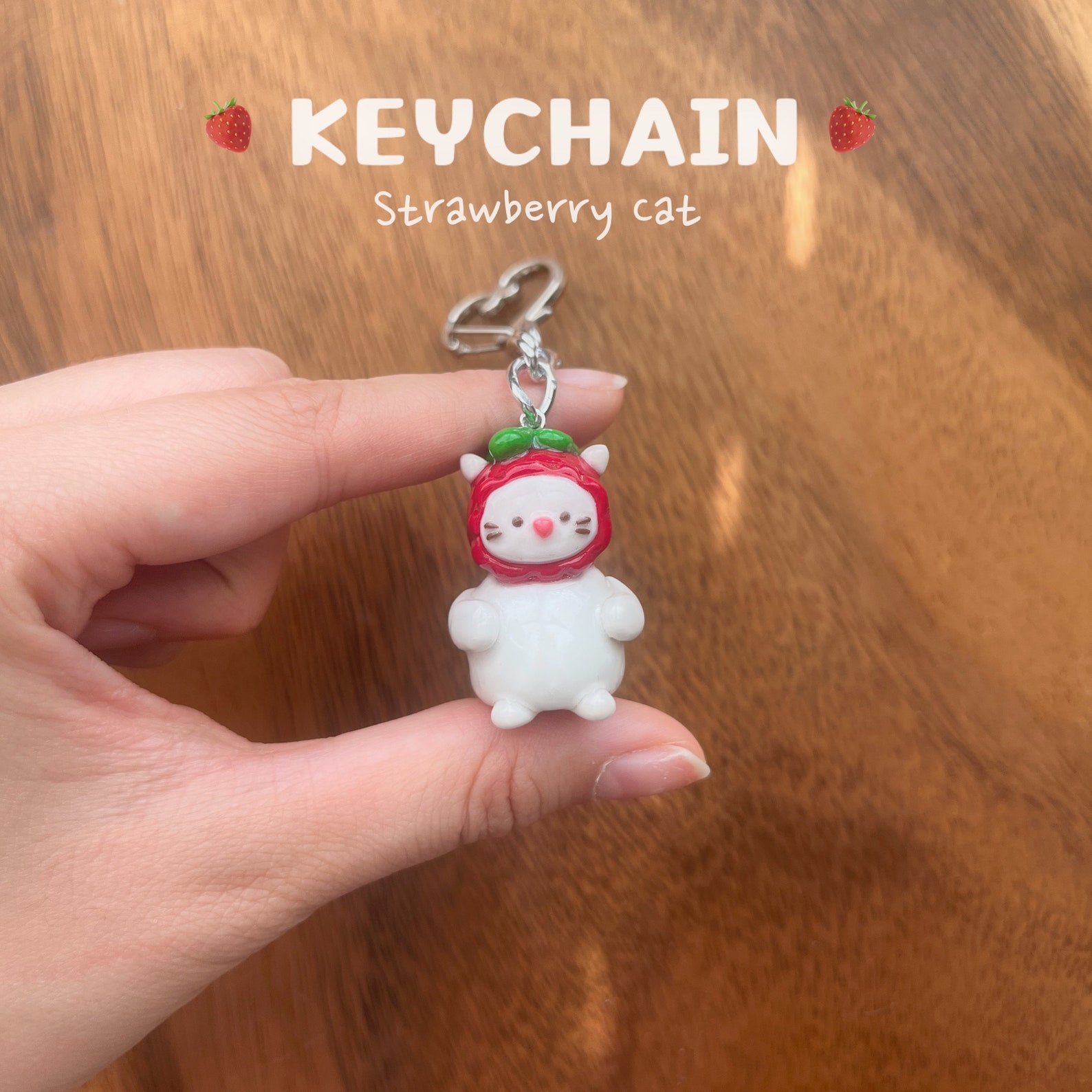 Strawberry Cat Keychain: Handmade Polymer Clay Charm, Gift for Cat ...