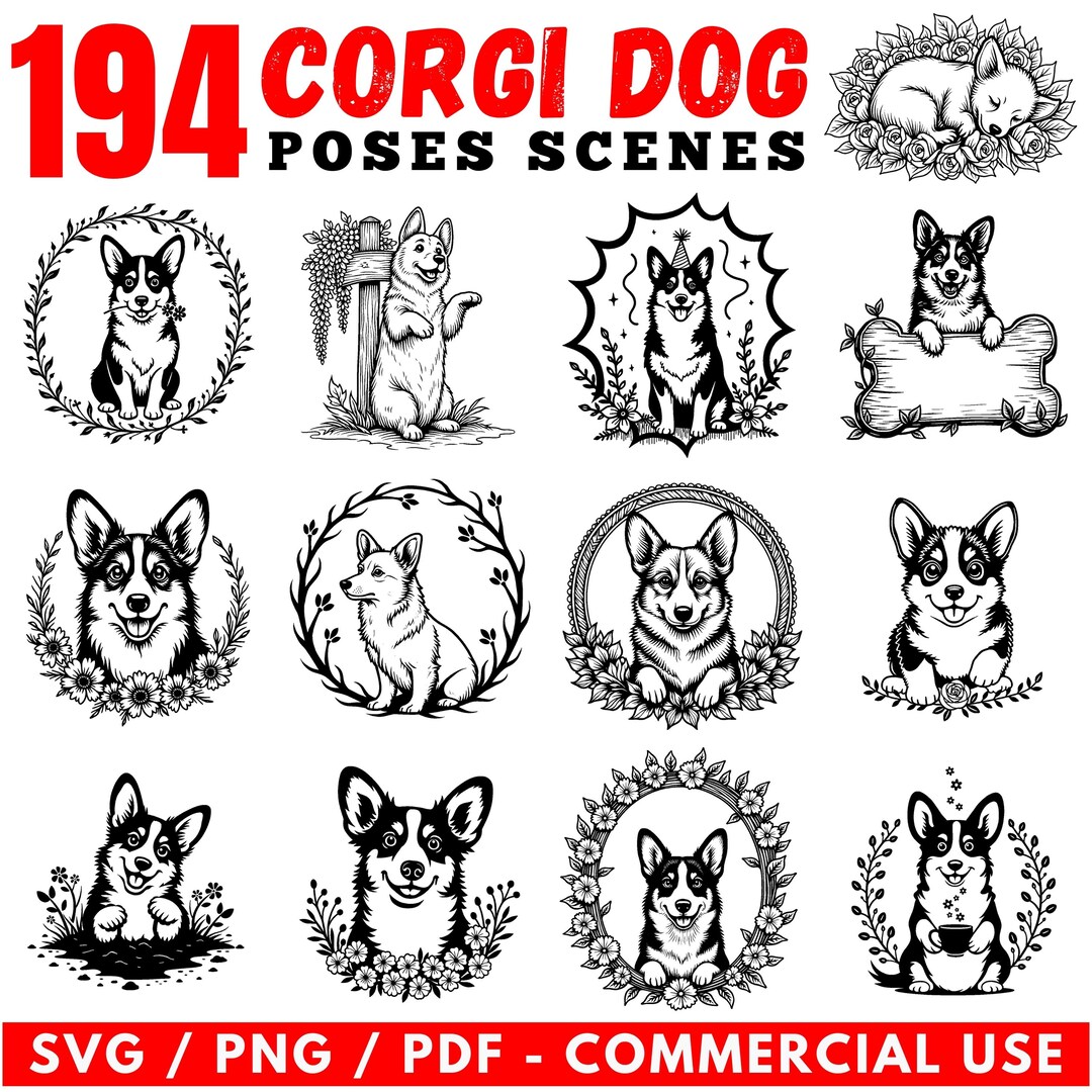 Corgi Dog Pose Scenes Svg Png Pdf Files Bundle Cricut Cut Files ...
