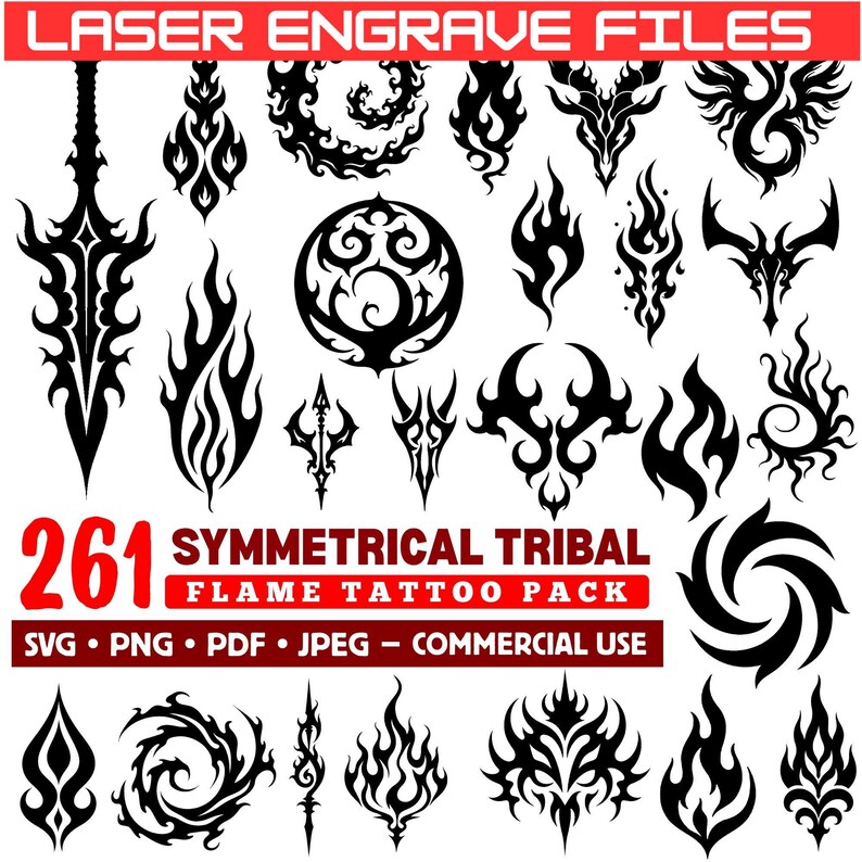 Tribal Flame Tattoo Laser Engrave Files: Symmetrical SVG, PNG, PDF ...