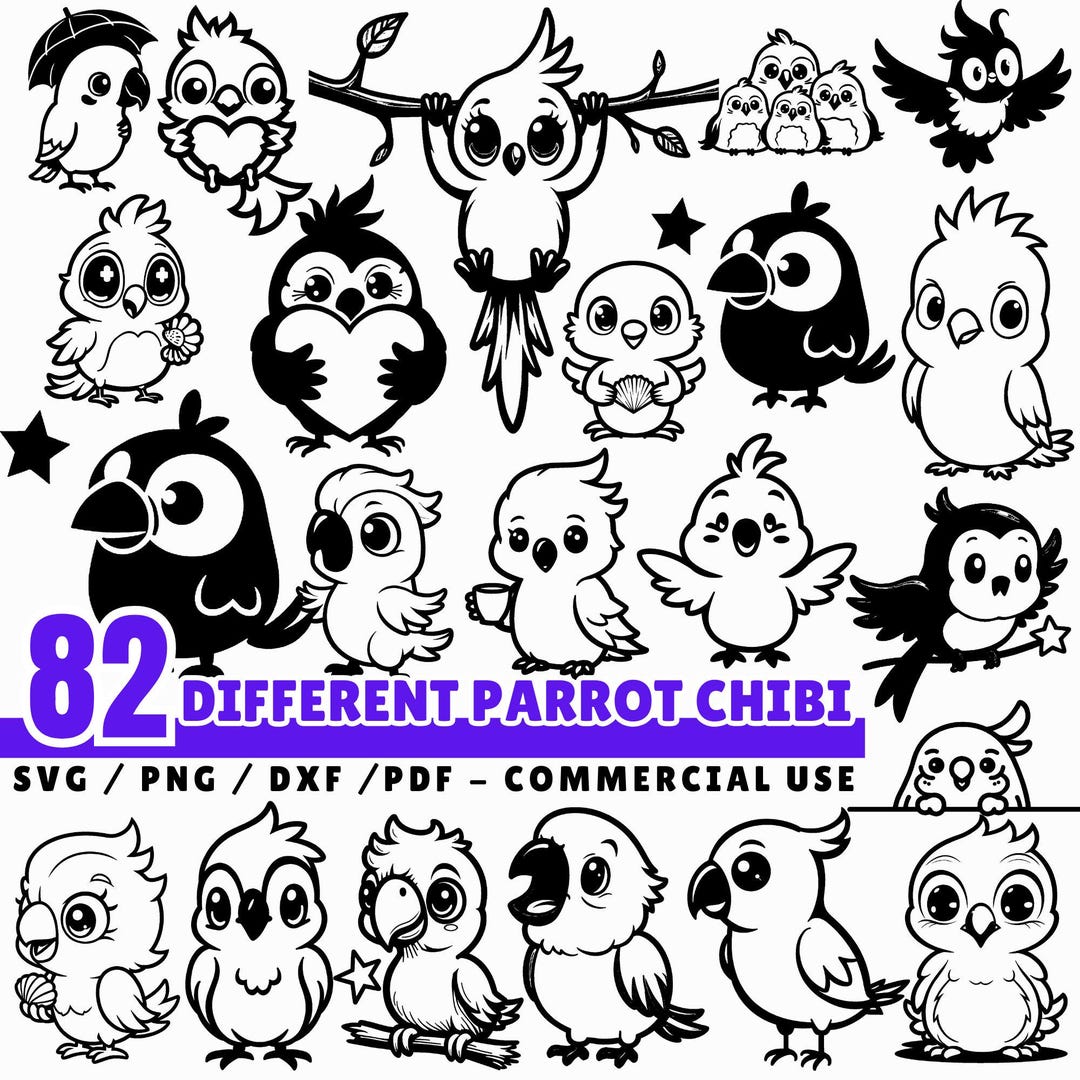 Parrot Chibi Designs (SVG, PNG, PDF) - Commercial Use - Etsy