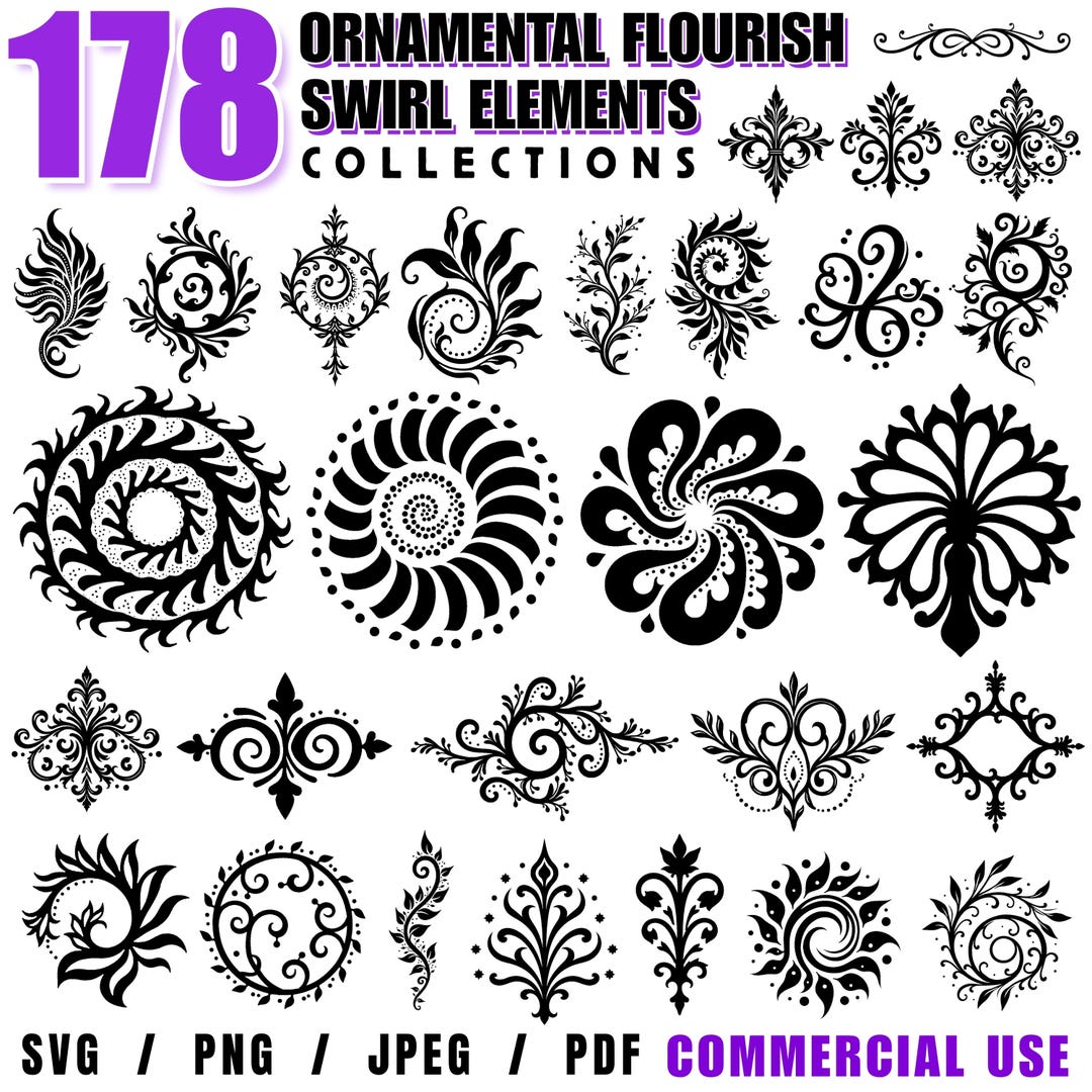 Flourish Swirl Elements Collection: SVG PNG PDF Cricut Cut Files ...