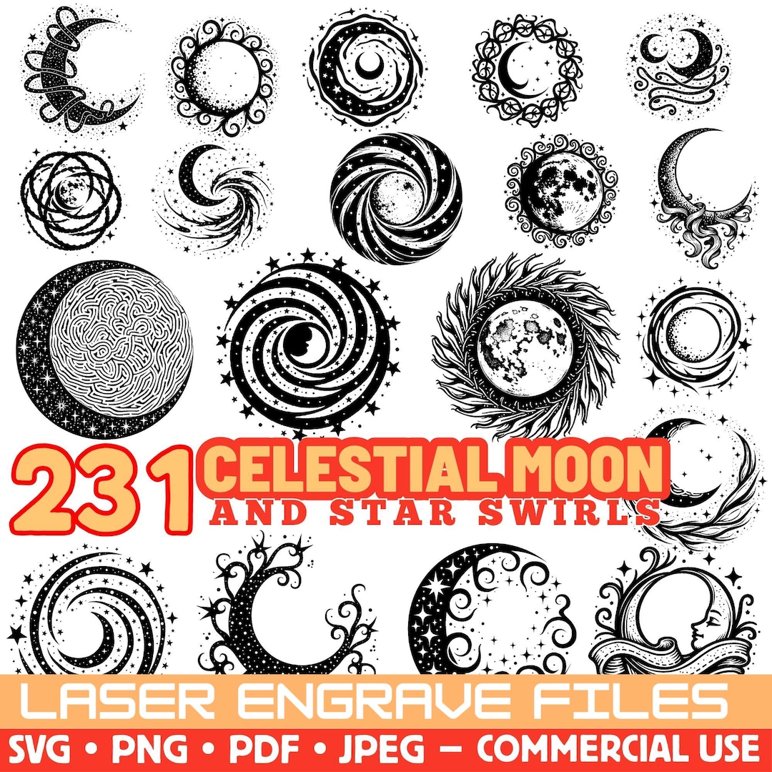 Celestial Moon and Star Laser Engrave Files | Swirls SVG PNG PDF - Etsy