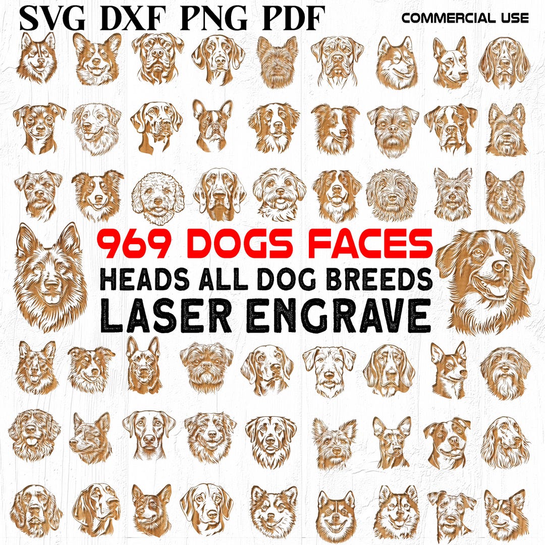 Laser Engraving Files 950 Dogs Faces HEADS All Dog Breeds Bundles Svg ...