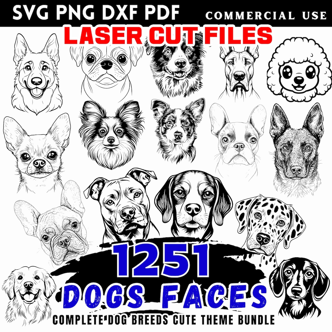 Laser Cut Files Dogs Faces All Breeds Cute Theme Bundle Cuttable Bundle ...