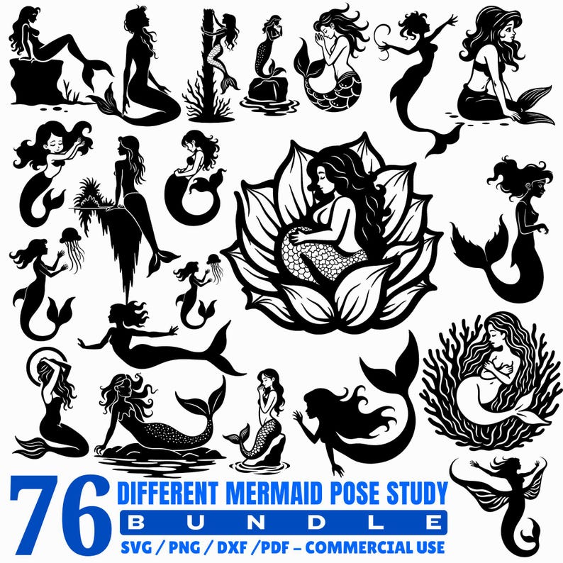 Mermaid Pose Study Bundle: 76 SVG, PNG, PDF Files (commercial Use) - Etsy