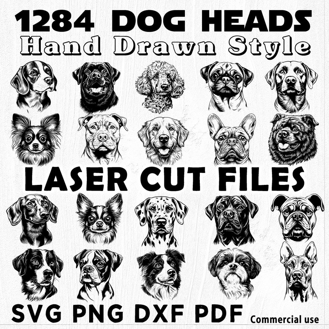 Laser Cut Files Dog 1284 Heads Hand Drawn STYLE Cuttable Bundle Svg Dxf ...