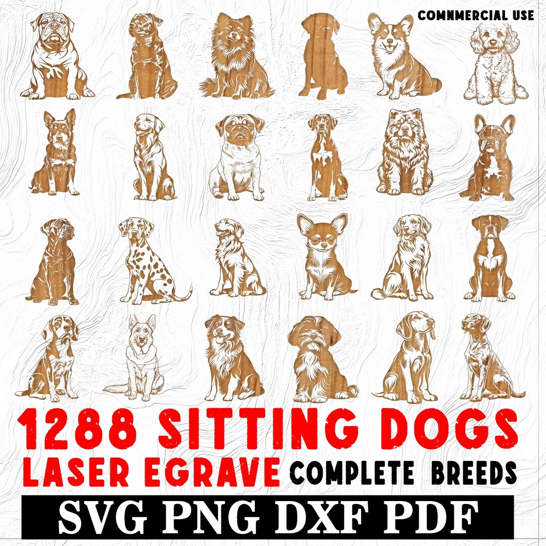 Laser Engraving Files 1288 Cute Dogs Sitting All Breeds Bundles Svg Dxf ...