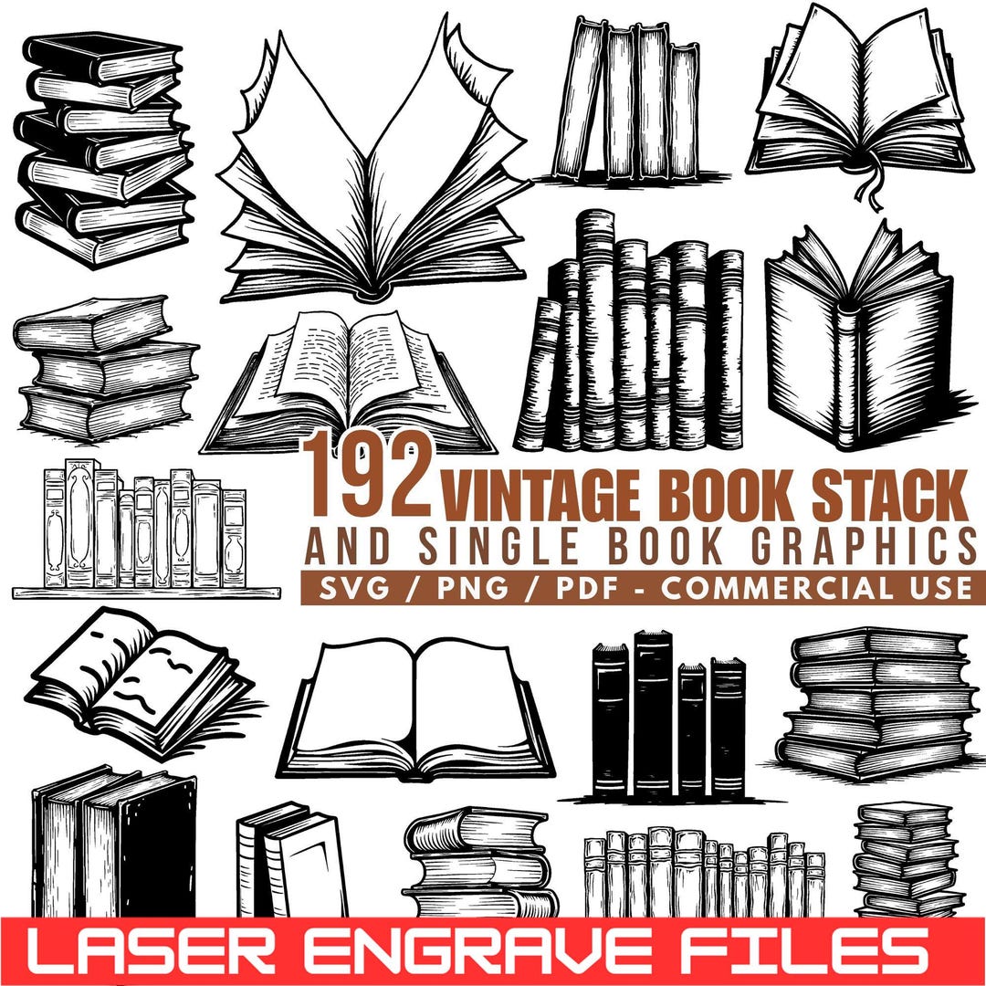 Vintage Book Stack Laser Engrave Files: SVG, PNG, PDF (commercial Use ...
