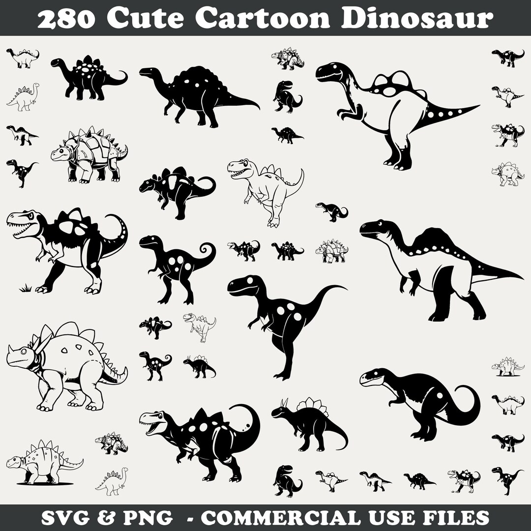 Laser Engrave Files Cute Cartoon Dinosaur Silhouette Set Bundle Svg Png ...