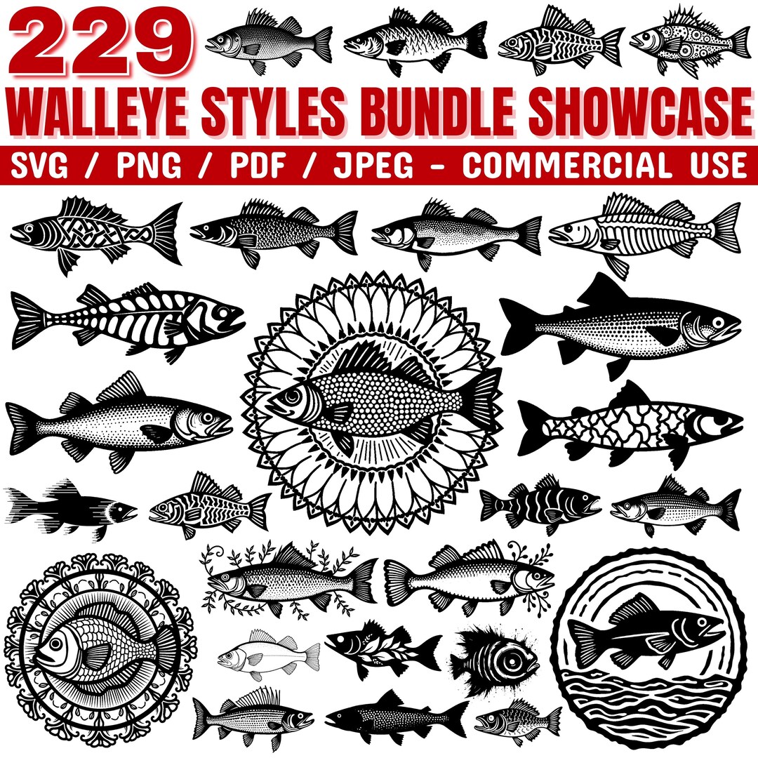 Walleye Fishing Designs Bundle: SVG, PNG, PDF Cut Files (commercial Use ...