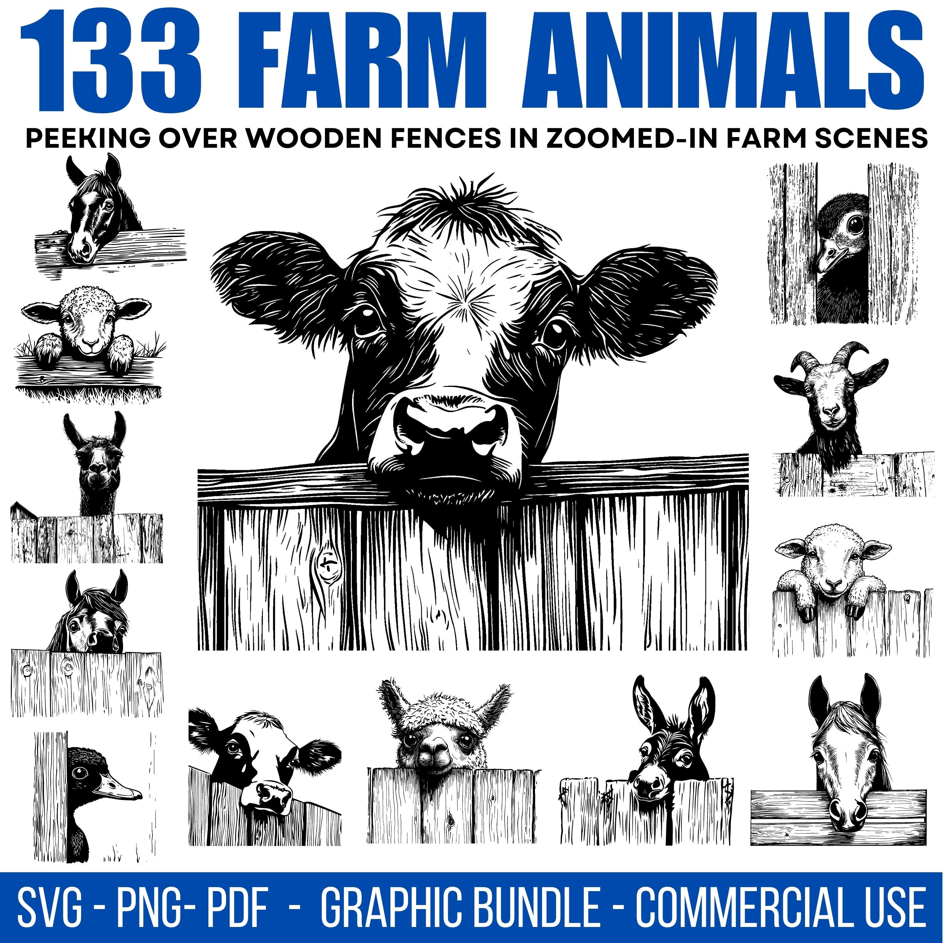 Farm Animals SVG Bundle: Peeking Over Fence, Commercial Use (PNG, PDF ...