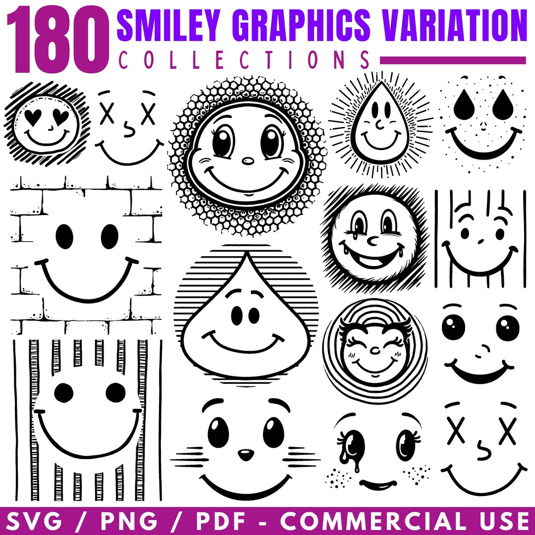 Smiley Face Graphics Collection: SVG, PNG, PDF Files (commercial Use ...